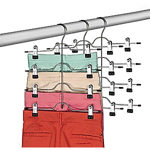 Zober Space Saving 4 Tier Skirt Hanger with Adjustable Clips (3 Pack) 4-on-1 Hanger, GAIN 50% More Space, Reliable Non Slip Grip, Durable Metal Pants Hanger Great for Slack, Trouser, Jeans, Towels Etc