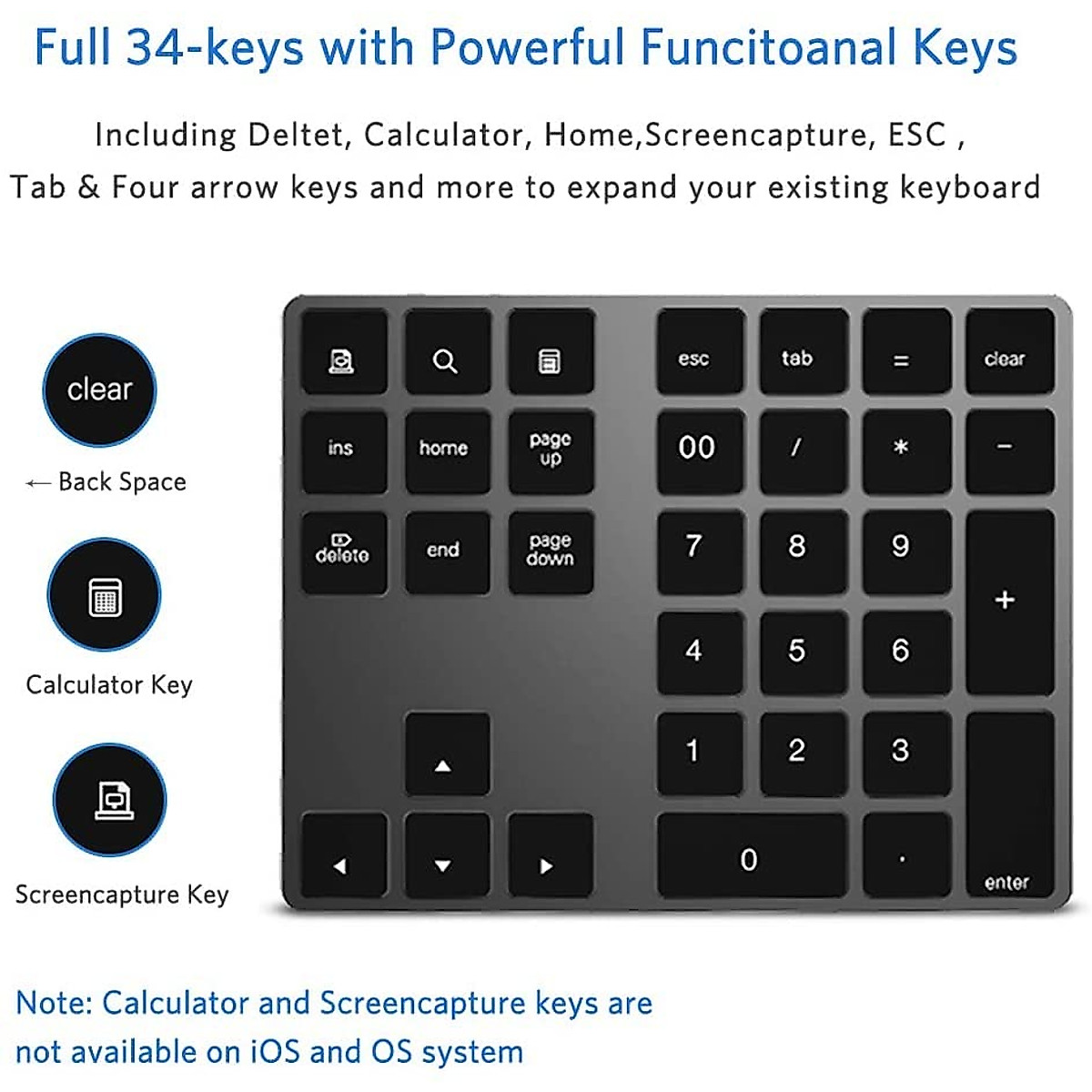 JOYEKY Bluetooth Number Pad, Wireless Numeric Keypad, USB-C Rechargeable External 34-Keys Numpad, Financial Data Entry Keyboard for iMac, MacBook Air/Pro, PC Desktop, Laptop Notebook