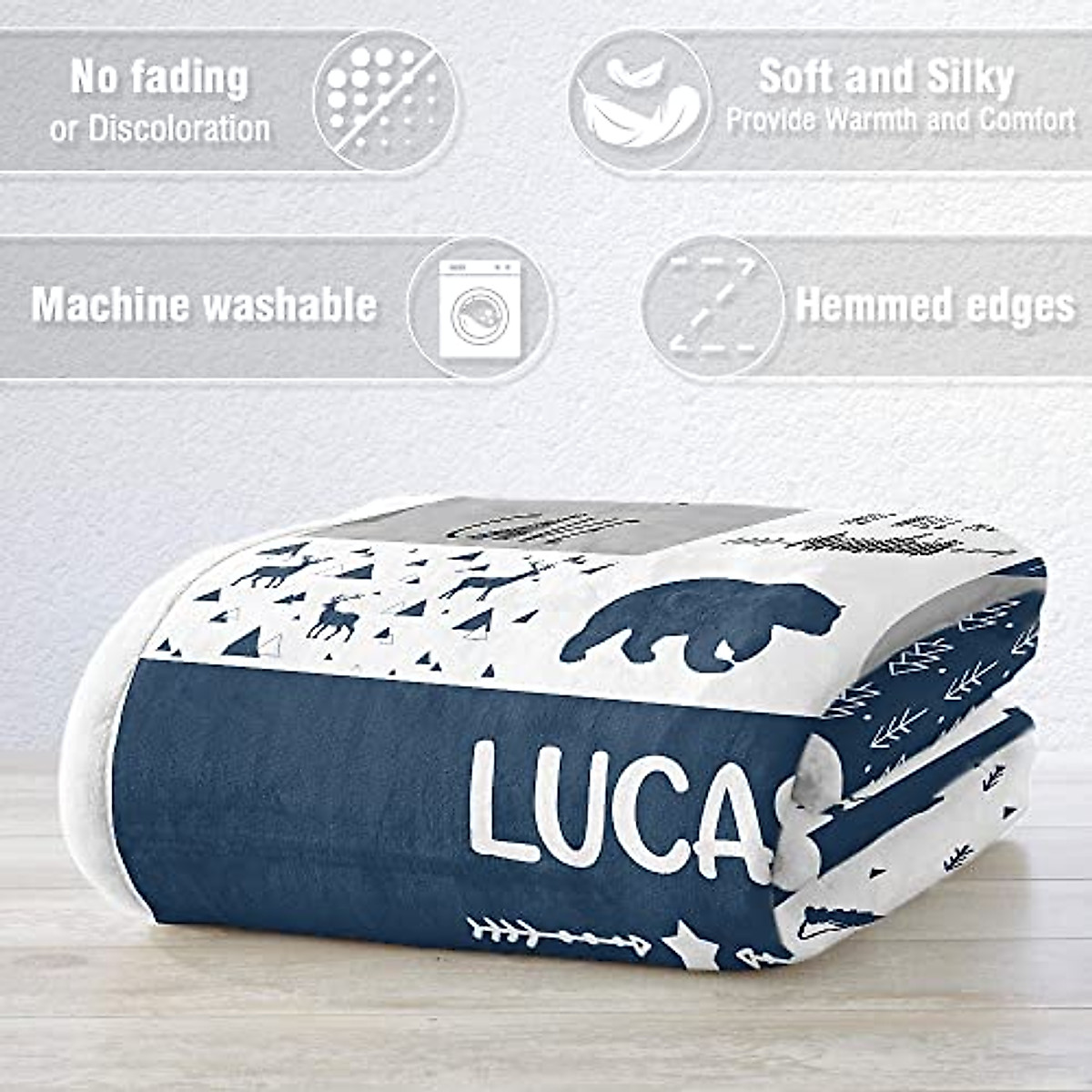 SANDJEST Personalized Baby Blanket Woodland Theme Animal Custom Name Baby Boy Fleece Throw Blanket Customized Gift for Baby New Mom Newborn Shower