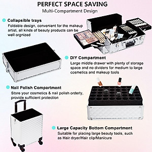 AROUS Rolling Makeup Train Case Large Storage Cosmetic Trolley 4 in 1 Large Capacity Trolley Makeup Travel Case with Key Swivel Wheels Salon Barber Case Traveling Cart Trunk, Silver