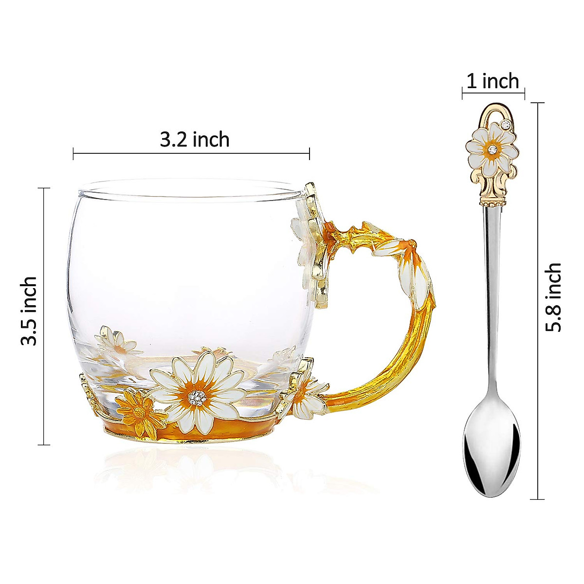 Glass Tea Mug, Mother's Day Gifts, Handmade Enamel Daisy Flower Coffee Cup Set with Handle, Unique Valentine's Day Birthday Gift Idea for Women, Christmas New Year Party Supplies - 12oz Gold
