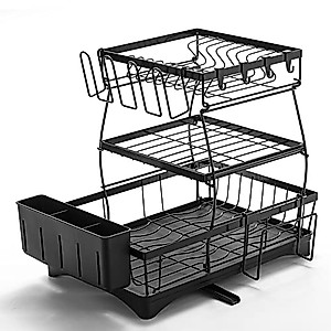 YINGAVERSAI Dish Drying Rack with Drainboard, 3-Tier Dish Racks for Kitchen Counter, Large Capacity 2 Tier Dish Drainer Set with Utensils Holder, Cup Holder, Chopping Block Rack Black Dish Dryer Rack