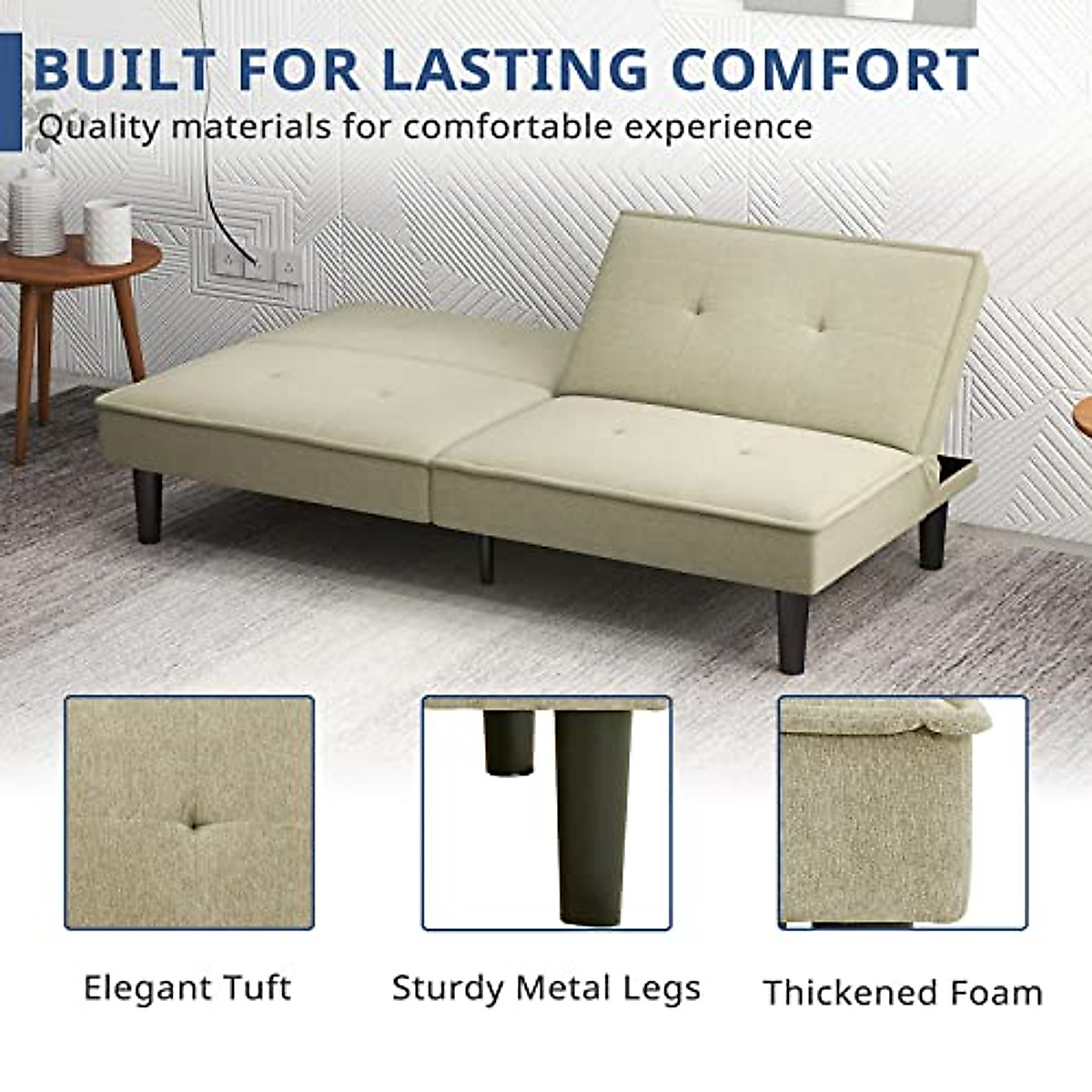 FONTOI Futon Sofa Bed Memory Foam Couch Sleeper Daybed Foldable Convertible Loveseat, Khaki Sage