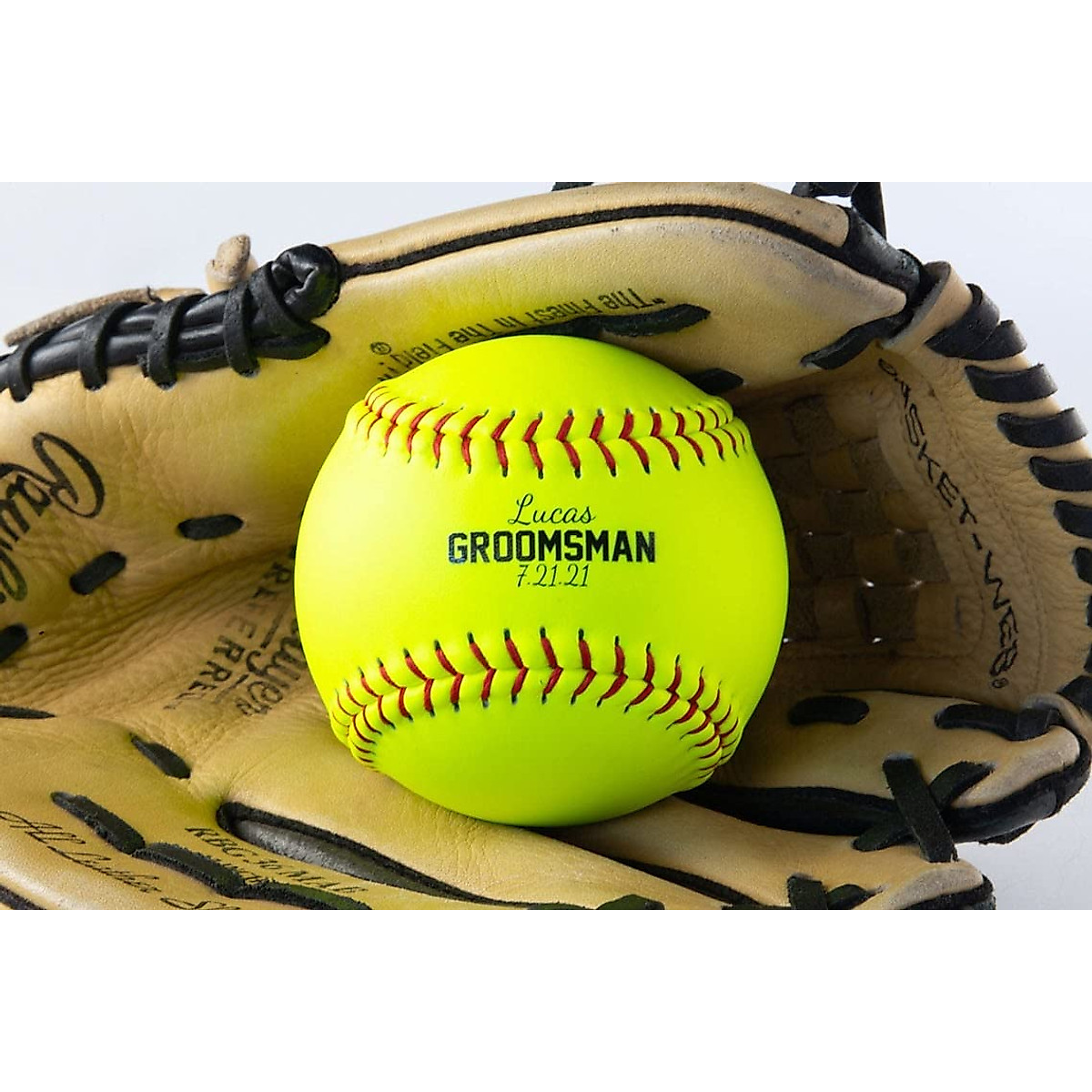 Buffalo Bottle Craft Personalized Yellow Softball, Groomsman Practice Softballs for The Best Man - Official Size- Custom Wedding Softball Proposal Gift Ring Bearer, Officiant