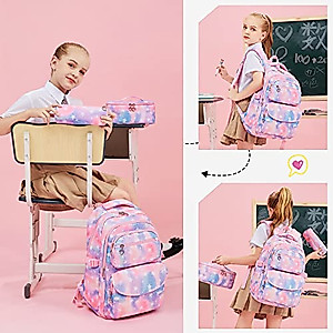 Robhomily Girls Backpack with Lunch Box for Elementary School & Middle School,17 Inch Purple Lightweight School Backpack with Lunch Bags Set for Girls