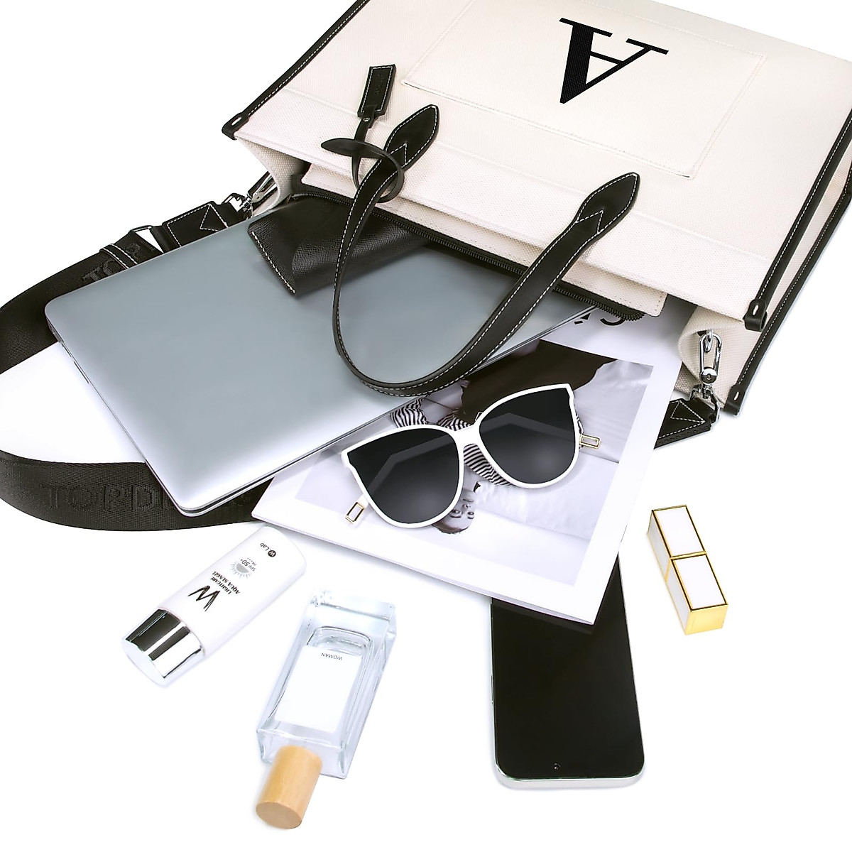 TOPDesign Initial Laptop Tote Bag for Women, Stylish Canvas Bag for 15.6 Inch Computer, Personalized Monogrammed Work Purse, Large Casual Business Briefcase, Office Handbag, Perfect Gifts for Her