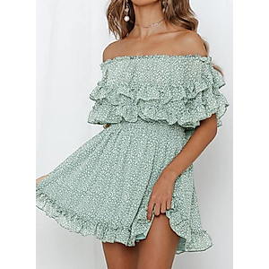 Dokotoo Women's Ladies Dresses Spring Summer Off The Shoulder Elastic Empire Waist Floral Bohemian Ruffle Chiffon Summer Dress for Women Green Large