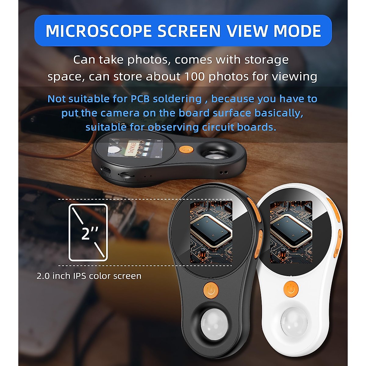 Macro Microscope Digital Fixed Focus 2.0 inch IPS Color Screen, 200w Pixel, 500x Magnification, Portable Handheld Magnifying Glass, Built-in 8LED Lights Compatible with Windows, Mac OS (Black)