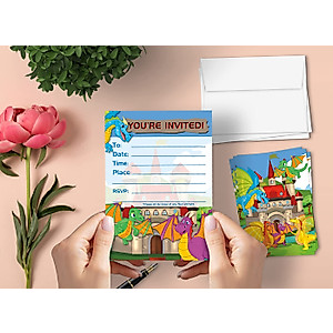 Leigha Marina Dragons Party Invitation Cards for Kids, 20 Invites & 20 Envelopes - Fill in the Blank Greeting Notes - Multi-Use, Birthday, Themed Celebration