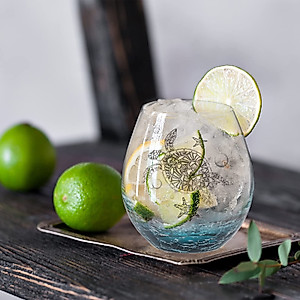 Sea Turtle Stemless Wine Glass, 19 Oz Ideal Unique Ocean Coastal Beach Gifts for Sea Turtle Lovers, Birthday Mother's Day Gifts for Party Women Man Mom Friends Co-worker (Crackle Teal)