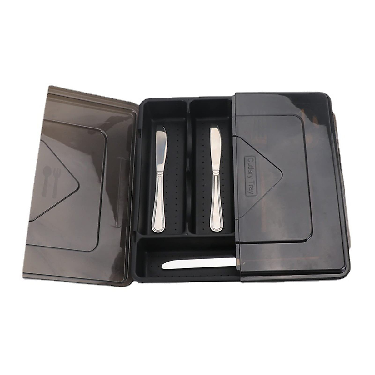 RNCOZE Utensil Holder for Countertop with Lid, 5 Compartments Flatware Organizer, Portable Flip Cover Silverware Organizer Storage Case, Plastic Silverware Tray for Drawer Countertop