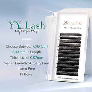 OBEYA Y Lashes Extensions 2D Premade Fans Eyelash Extensions Weave YY Shaped Tips Volume Lash Extensions, Quick Easy Application, Full Fluffy Volume Look, Long Lasting D Curl 0.07mm 8-14mm Mix Tray