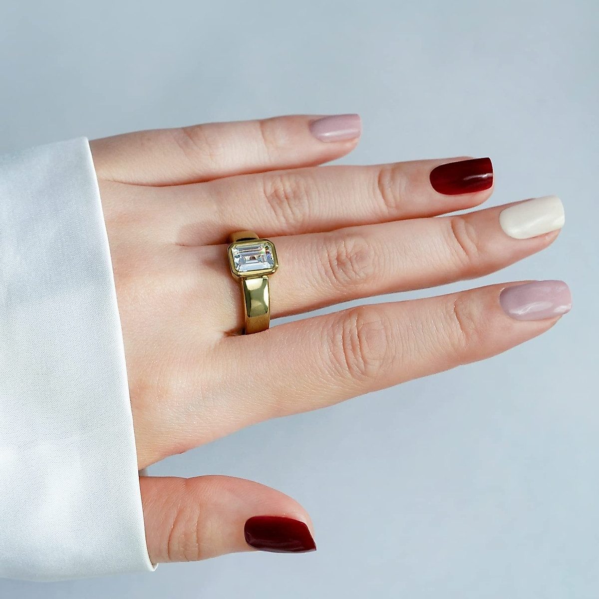 DIAMONBLISS Yellow Gold clad Sterling Silver Clear Emerald Cubic Zirconia Bezel Engagement Ring, Size 8