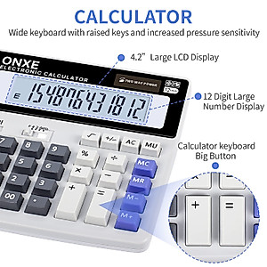Calculator,ONXE Standard Basic 4 Function Desk Calculator, Dual Power, Big Button 12 Digit Large LCD Display,Desktop Calculators for Office School Financial Accounting Business (White)