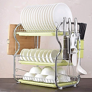 Plate Rack Draining Dish Rack 3-Tier Stainless With Drainboard and Cutlery Cup, Kitchen Supplies Drying Frame Dish Pan Plate Holder