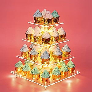 Antimbee 4 Tier Clear Acrylic Cupcake Stand with Gold LED String Lights, Square Tower Cupcake Display Holder