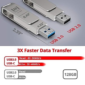 MOSDART 128GB Fast USB C Flash Drive 2 in 1 OTG USB C to USB A 3.1 Dual Thumb Drive Metal Memory Stick for USB-C Android Phones, iPhone 15, MacBook, iPad, Computers and More, Silver