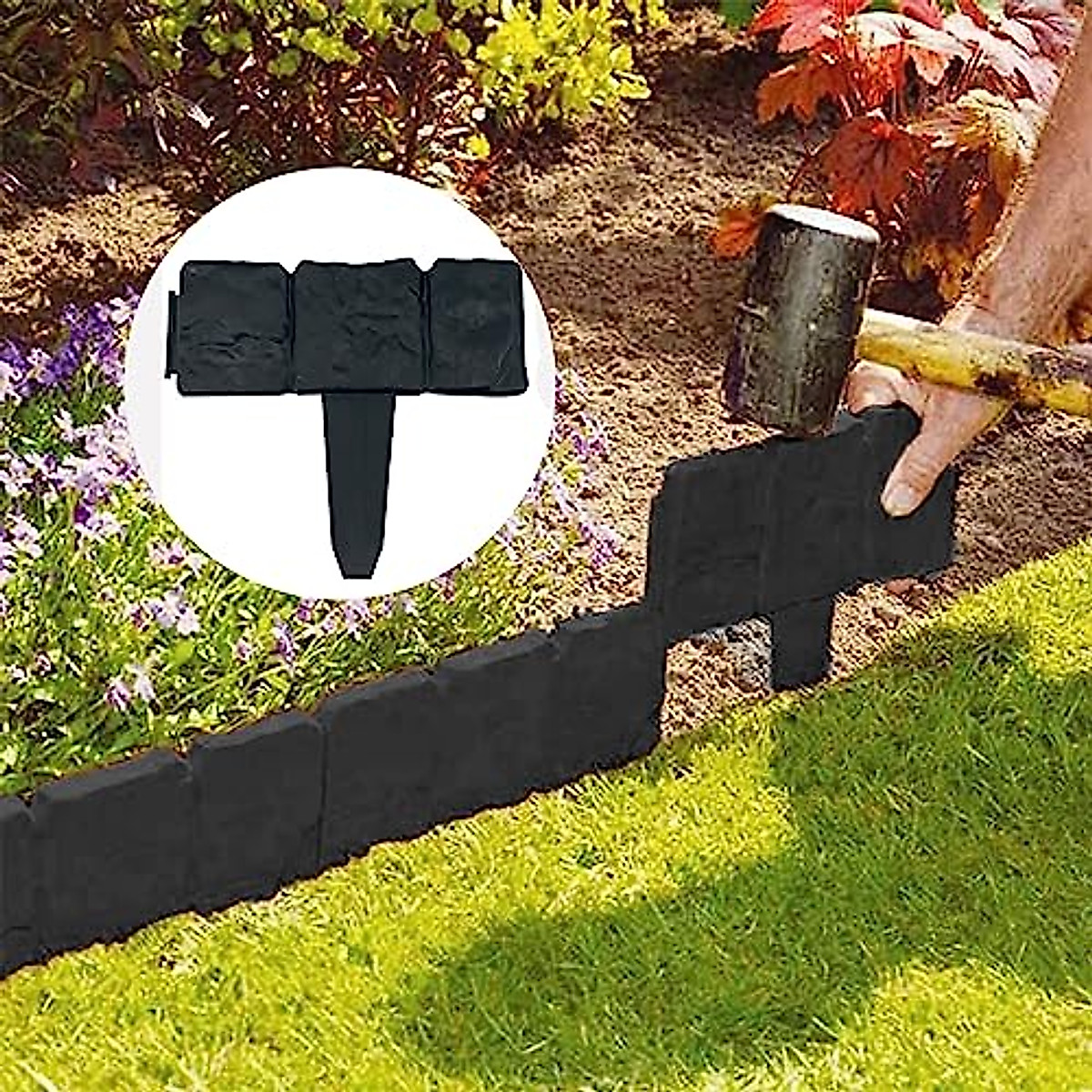 Reheyre 10pcs Garden Landscape Edging Borders, Anti-deform Garden Edging Border, Garden Landscape Edging Border for Grass Lawns Yard, Faux Stone Design Lawn Border Black