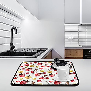 Strawberries Cute Cherry Fruit Drying Mat for Kitchen Art Dishes Pad Dish Drainer Rack Mats Absorbent Fast Dry Kitchen Accessories (18''x24'')