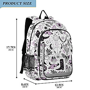 Glaphy Western Cowboy Boho Cactus Skull Dream Catcher School Backpack Lightweight Laptop Backpack Student Travel Daypack with Reflective Stripes