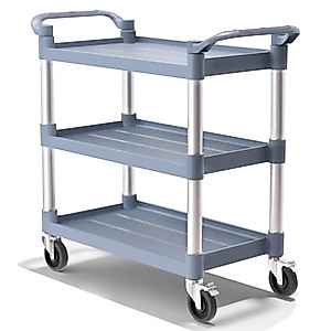 BRLJUNEO Plastic Utility Carts with Wheels, 3-Tier Large Size Restaurant Food Cart, Heavy Duty 600lbs Capacity Rolling Service Cart w/Hammer for Commercial, Kitchen, Office (Lockable Wheels, L-Grey)