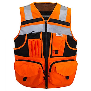 ZUJA 3M Reflective stripes Safety Vest Hi-vis Orange knitted Vest with 10 pockets Bright Construction Workwear for men and women. (Extra Large)