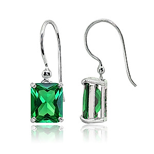Sterling Silver Simulated Emerald Octagon-Cut Solitaire Drop Dangle Earrings for Women