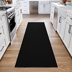 Machine Washable Modern Solid Design Non-Slip Rubberback 2x12 Traditional Runner Rug for Hallway, Kitchen, Bedroom, Living Room, 1'10" x 12', Black