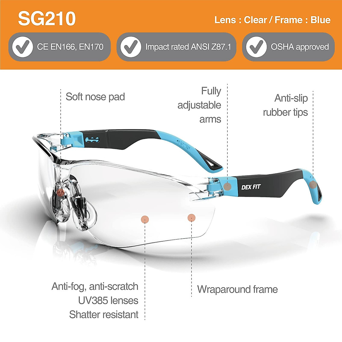 DEX FIT Safety Glasses SG210, Z87 Eye Protection, Anti-Fog & Scratch Resistant, Adjustable for Women and Men, UV Protection (Black & Blue Frame, Clear Lens)