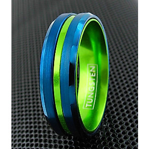 King's Cross Unique 6mm/8mm Royal Blue Tungsten Ring w/Lime Green Anodized Aluminum Inner Band & Recessed Stripe (Tungsten (6mm), 6)