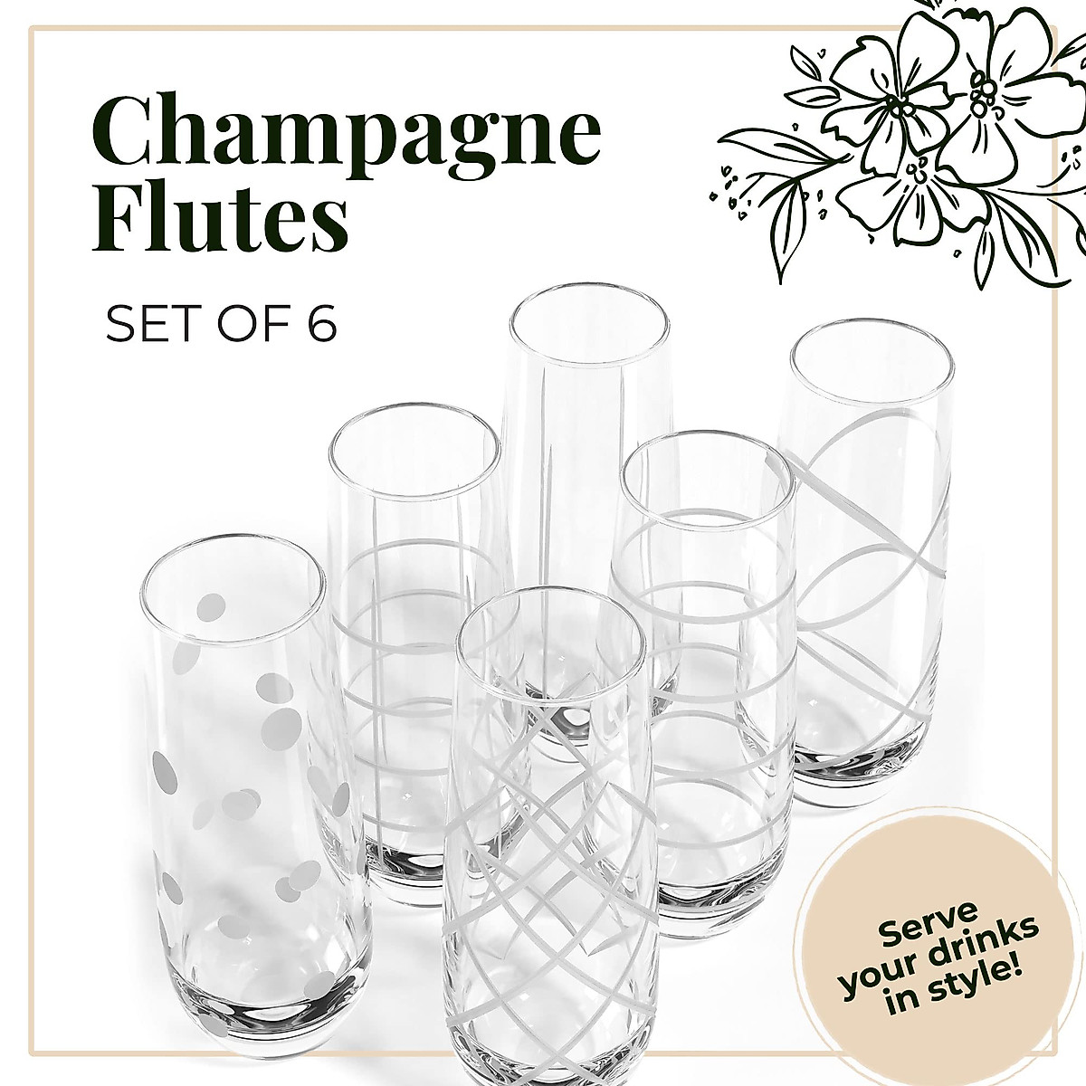 Fifth Avenue Crystal Medallion Stemless Champagne Flutes, Durable Glass, Mimosa, Cocktail Glasses Set, Prosecco Wine Flute, Bar Glassware, Toasting Wedding Glasses, Set of 6, Etched Patterns, 9.5oz