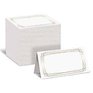 Better Office Products 100 Pack Place Cards, 2 x 3.5 in, White with Modern Metallic Gold Geometric Border, Folded Table Tent Cards for Weddings, Dinner Parties, Buffet Banquets,(100 Count)