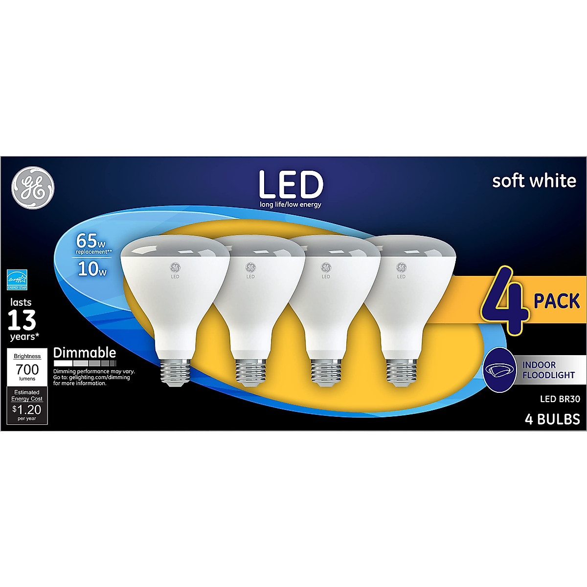 GE Lighting LED Indoor Floodlight Bulbs, 10 Watt (65 Watt Equivalent) Soft White, BR30 Bulb Type, Medium Base, Dimmable (4 Pack)