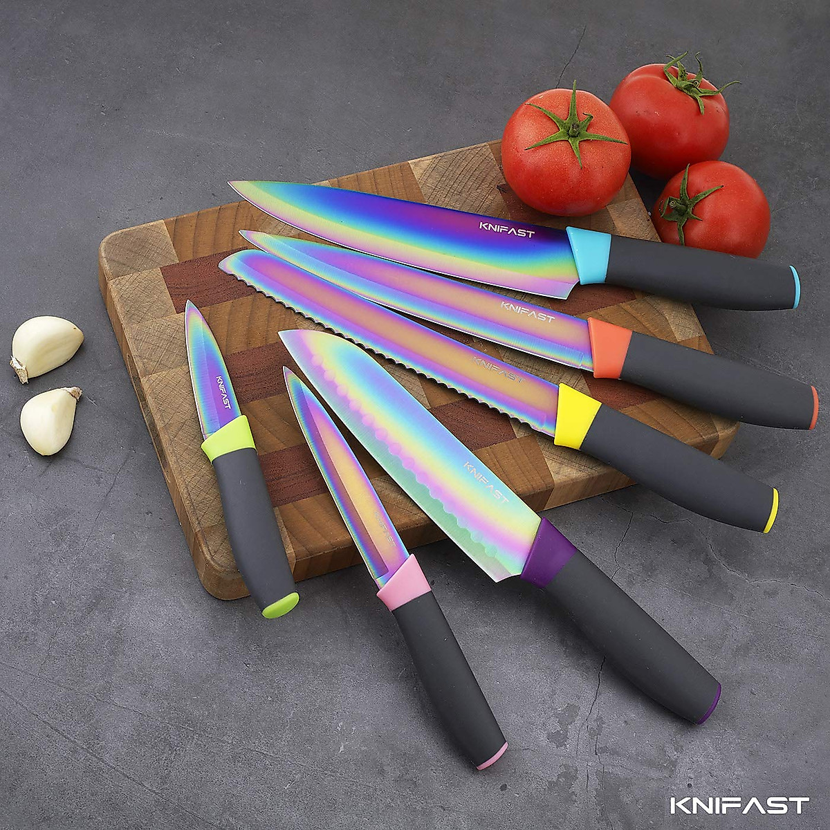 KNIFAST Kitchen Knife set Rainbow Titanium Coated - 12 Pcs Knife Set with Blade Guards, Dishwasher Safe, Razor Sharp German Stainless Steel Blade and Comfortable Handle