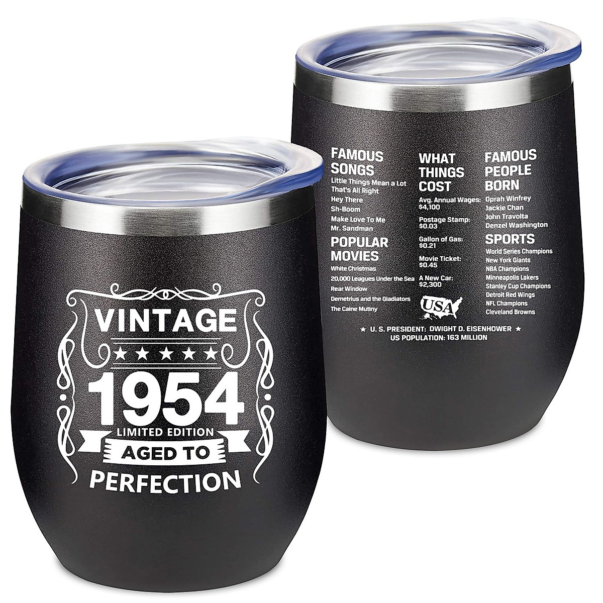 70th Birthday Gifts for Women and Men - 1954 70th Birthday Decorations - 12 Oz Insulated Stainless Steel Wine Tumbler with Lid for Her Wife Mom Grandma Aunt Friend, Black