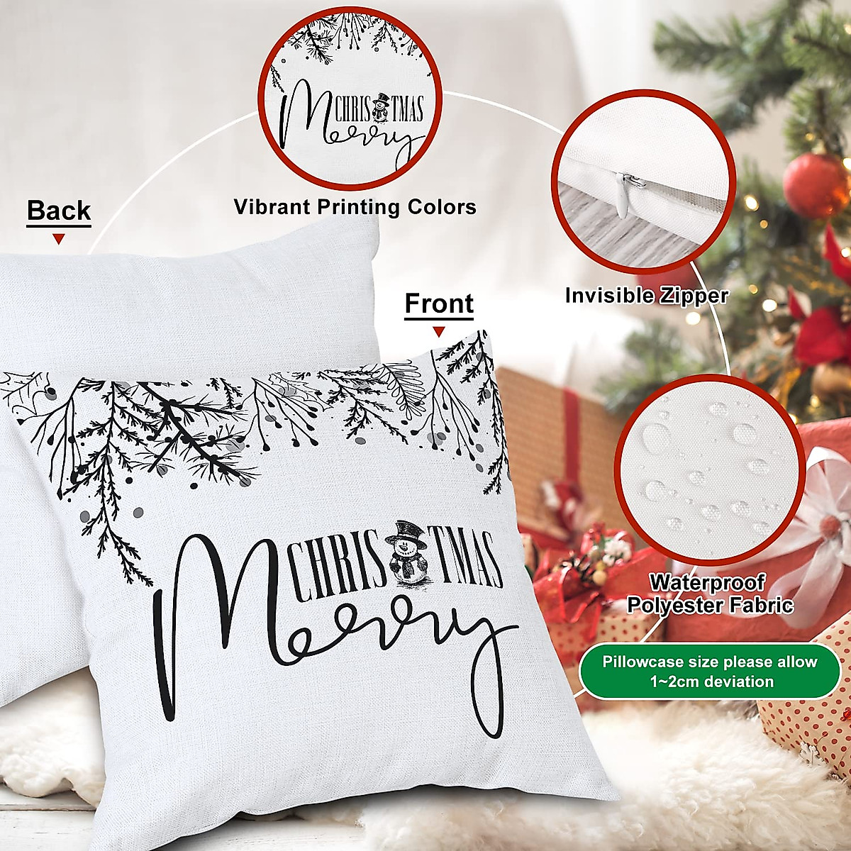 Lanpn Hello Winter Merry Christmas Throw Pillow Covers 18x18 Set of 4, Decorative Black and White 18 inch Xmas Holiday Cushion Pillow Cases Home Outside Porch Decor Decorations