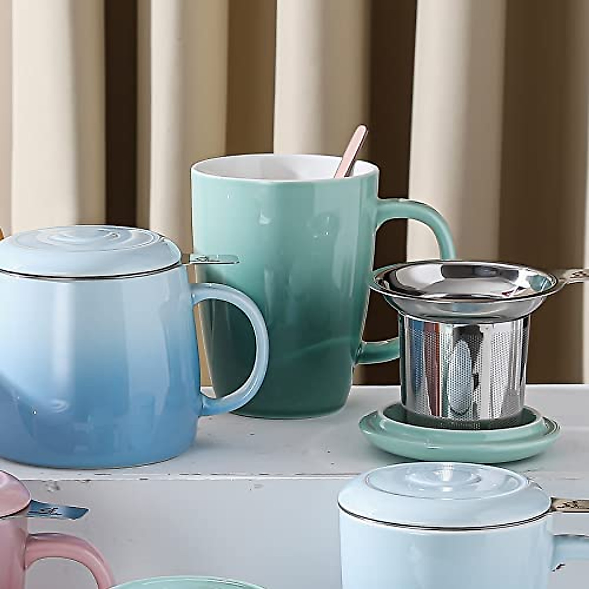 Candiicap Ceramics Tea Cup with Loose Leaf Infuser, Spoon and Lid, 15oz, Large Tea infuser Mug for Tea, Coffee, Milk-Microwave and Dishwasher Safe(15oz,Avocado Green)