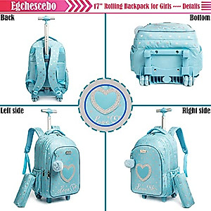 Egchescebo Kids Love Heart Rolling Backpack for Girls Suitcases Trolley Backpacks with Wheels Roller Luggage on Wheels with Lunch Box Pencil Case for Elementary Travel School Bag Blue