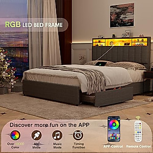 Lumelay Queen Bed Frame with 4 Storage Drawers, LED Bed Frame with Charging Station and Adjustable Tall Bookcase Headboard, Upholstered Mattress Foundation, No Box Spring Needed, Dark Grey