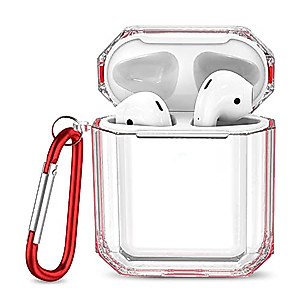 Fitlink Case for AirPods 2&1, Anti-Scratch Shock-Absorption Soft TPU Crystal Clear Case Cover for Apple AirPods 2&1 in Charging Case with Carabiner (AirPods with Wireless Charging Case, Red)