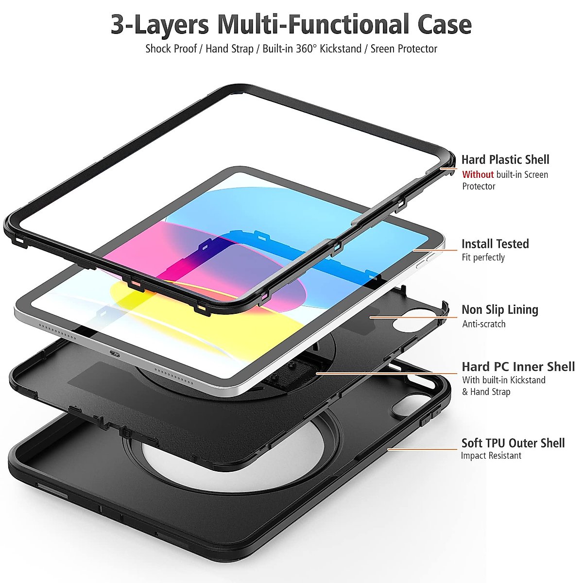 SEYMAC stock Case for iPad 10th Generation 10.9 Inch, Full-Body Case with 360° Rotating Stand & Hand Strap [Pencil Holder] [Touch ID Support] case for iPad 10th Generation 10.9" 2022, Black