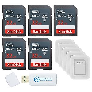 SanDisk 32GB Ultra SD Memory Card 5 Pack SDHC UHS-I Class 10 (SDSDUNR-032G-GN3IN) Bundle with 5 SD Card Cases & 1 Everything But Stromboli Card Reader