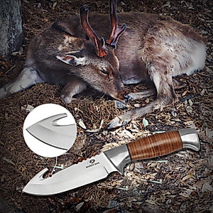 Mossy Oak Fixed Blade Hunting Knife Set - 3 Piece, Full Tang Leather Handle Straight Edge and Gut Hook Blades Game Processing Knife Set, Sheath Included