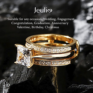 Jeulia 4.37 Carat Engraved Pricess Cut Cubic Zirconia Engagement Ring Diamond Wedding Bands for Women CZ Solitaire Sterling Silver Anniversary Bridal Promise Rings Set (Yellow Gold, 12)