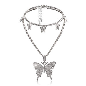 Zoestar Butterfly Choker Necklace Gorgeous 2 Layered Crystal Pendant Necklaces Sparkly Butterfly Chain Jewelry for Women