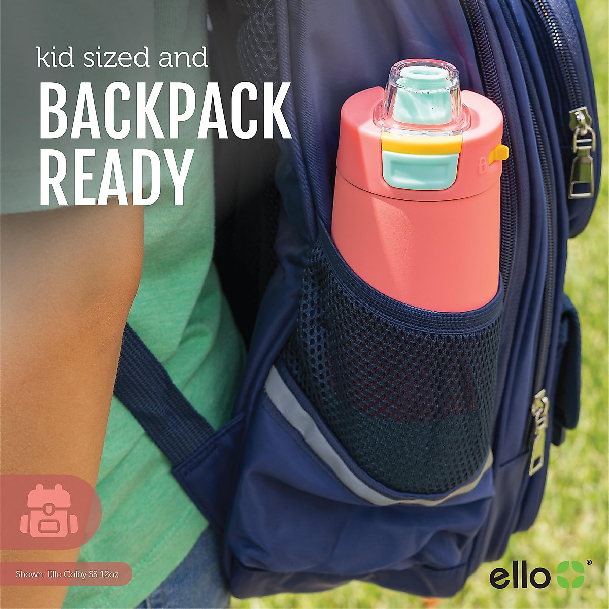 Ello Kids Colby 12oz Stainless Steel Insulated Water Bottle with Straw and Built-In Silicone Coaster Carrying Handle and Leak-Proof Locking Lid for School Backpack, Lunchbox, and Outdoor Sports, Teal