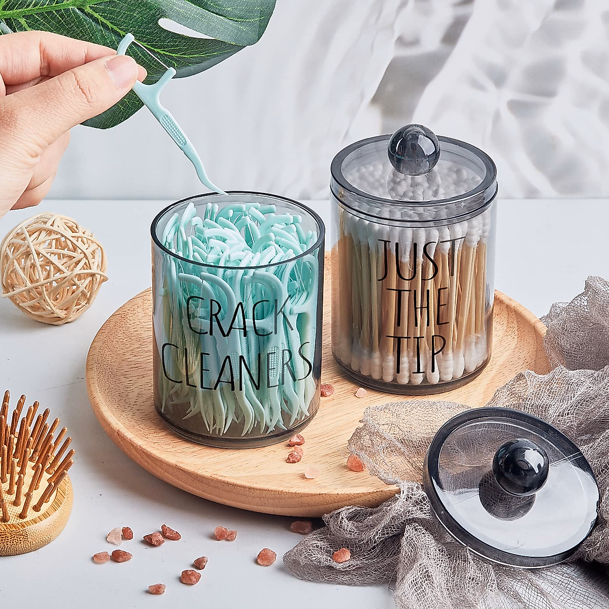 4 Pack Qtip Holder Dispenser with Lids and Labels - 10 oz Acrylic Apothecary Jars Plastic Bathroom Vanity Canister Organizer for Cotton Balls, Pads, Swabs, Floss (Black)