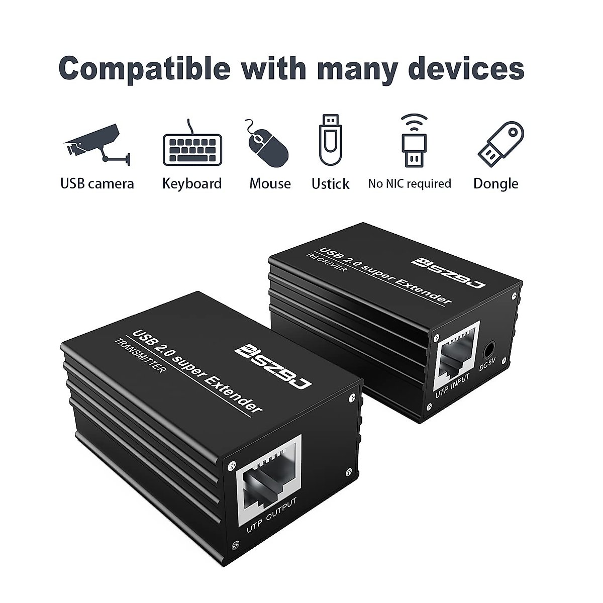 SZBJ USB Extender Over RJ45 Cat5E/6 up to 230ft Ethernet Cable Extender with Power Adapter with 2 USB2.0 Output - Full USB 2.0 Support for Keyboard, Dongle，Mouse, Webcam, and All Operating System 102