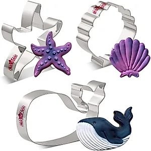 LILIAO Ocean Creatures Cookie Cutter Set - 3 Piece - Whale, Starfish and Seashell Biscuit Fondant Cutters - Stainless Steel