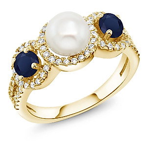 Gem Stone King 18K Yellow Gold Plated Silver Blue Sapphire and Cultured Freshwater Pearl Ring For Women (1.50 Cttw, Gemstone Birthstone, Available In Size 5, 6, 7, 8, 9)